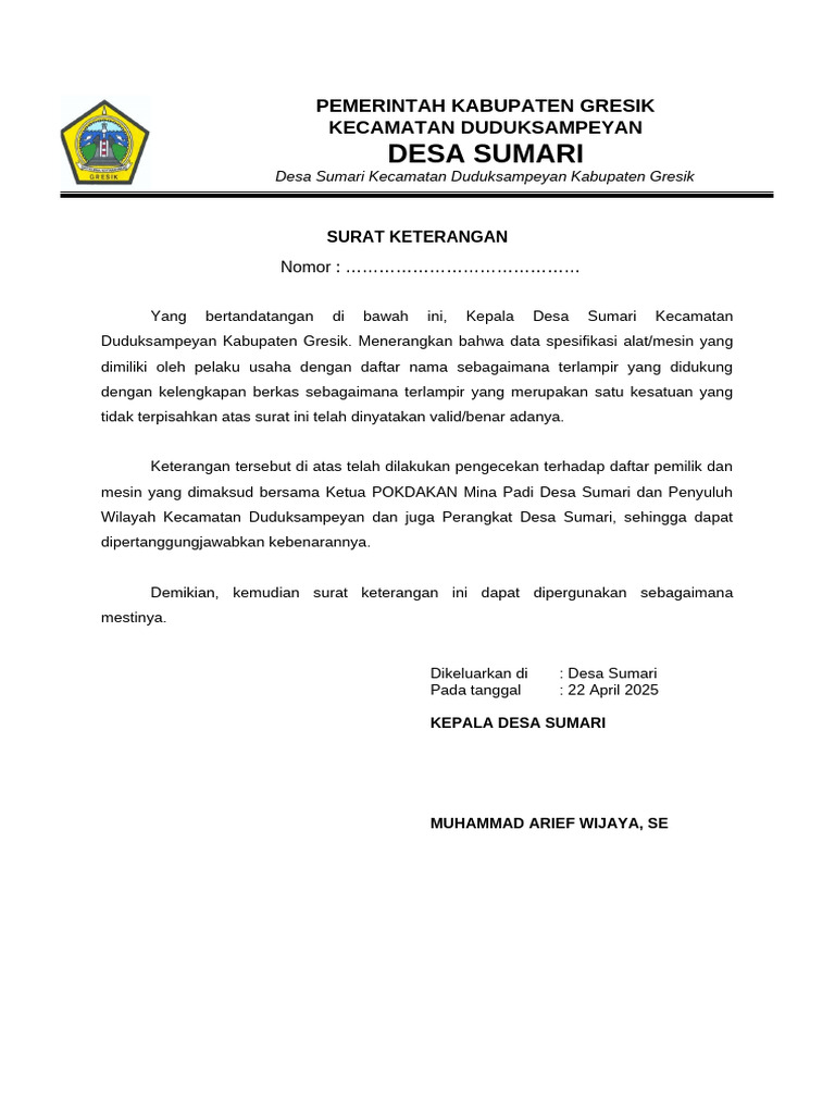 Surat Keterangan Alat POKDAKAN Mina Padi | PDF