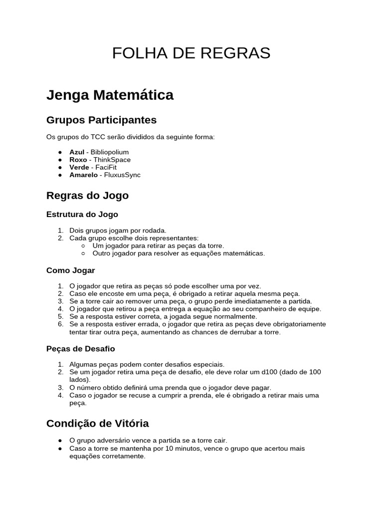 Regras do Jogo Jenga Matemática | PDF