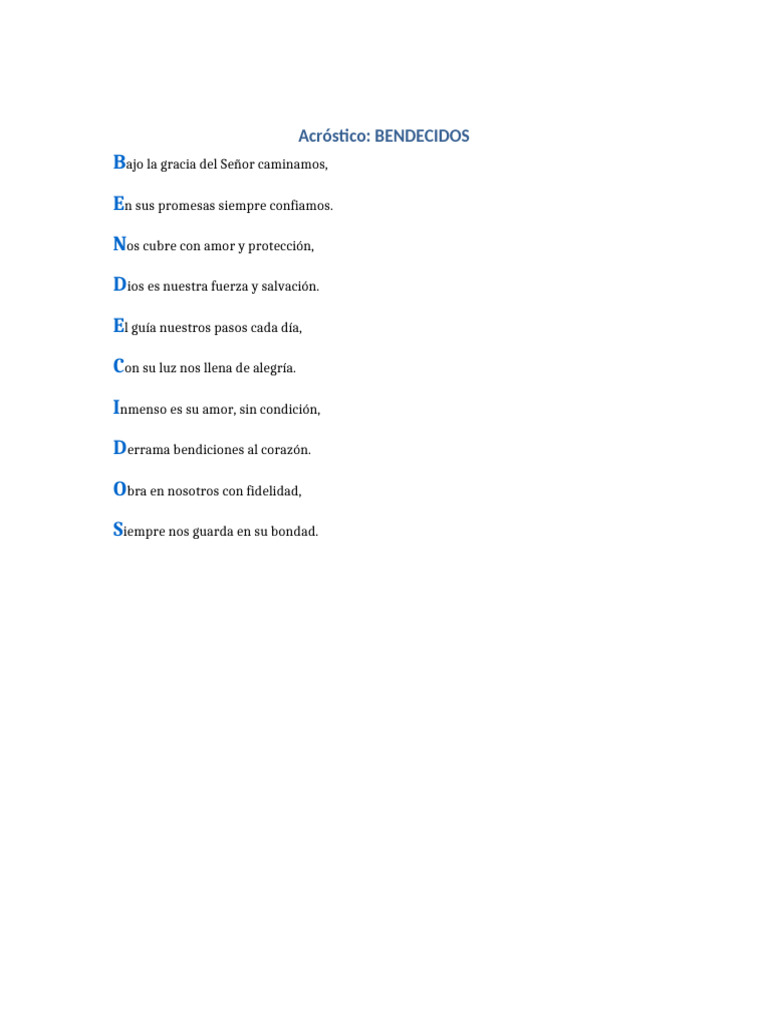 Acróstico BENDECIDOS: Fe y Bendiciones | PDF