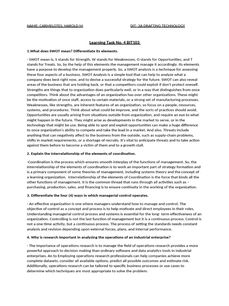 Carmelotes, Harold M. Learning Task No.4 | PDF | Swot Analysis ...