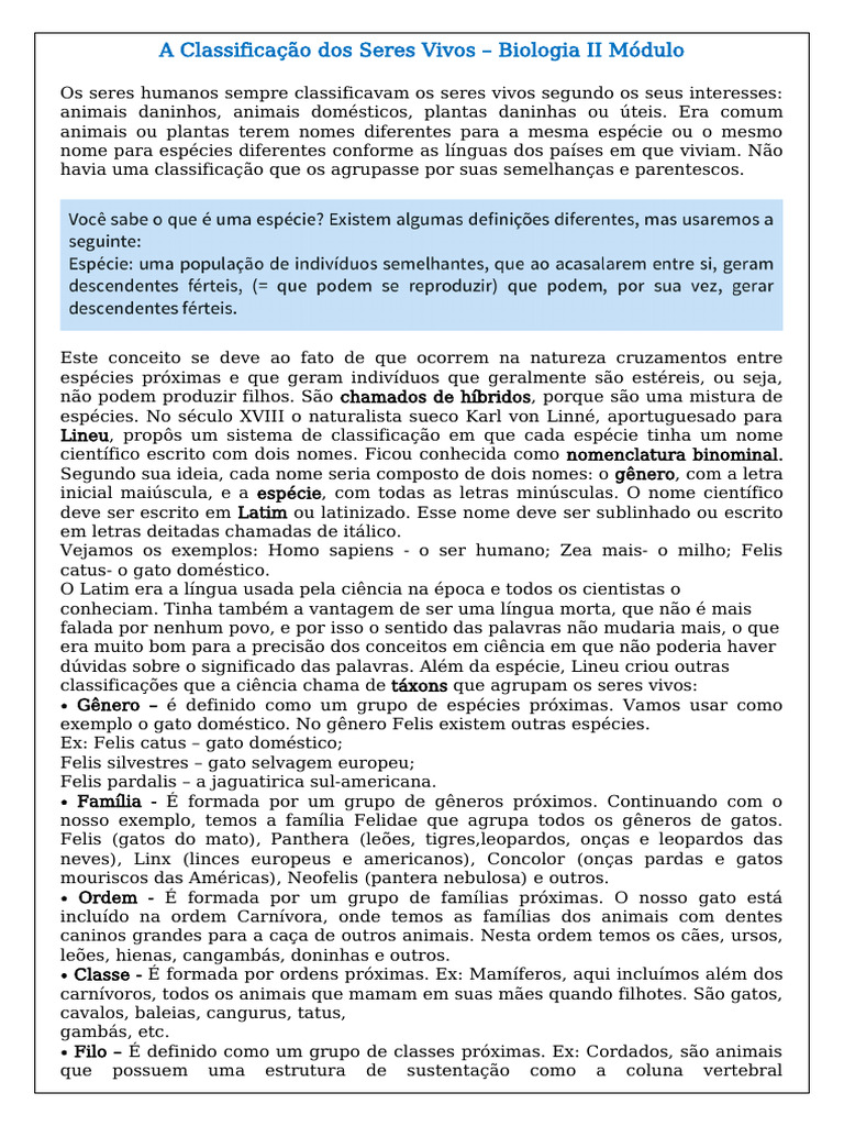 Classificação dos Seres Vivos e Nomenclatura | PDF | Asno | Espécies