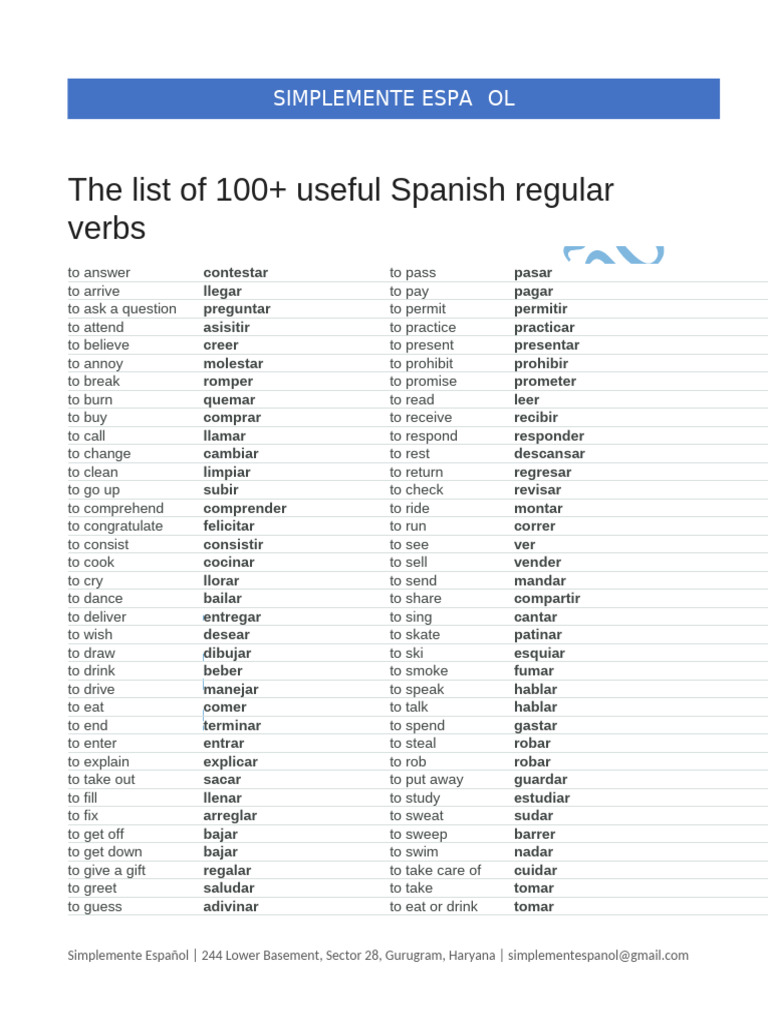 Essential 100 Spanish Verbs List | PDF