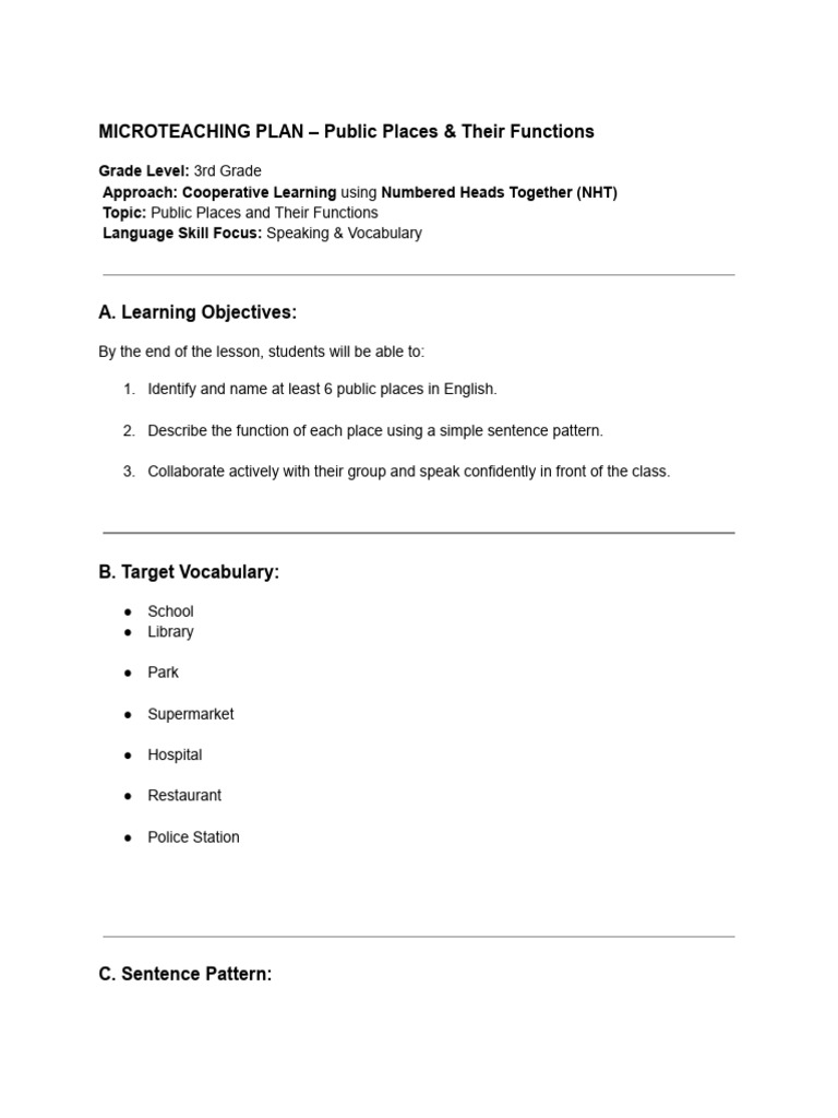 MICROTEACHING PLAN - Public Places & Their Functions | PDF | Learning ...