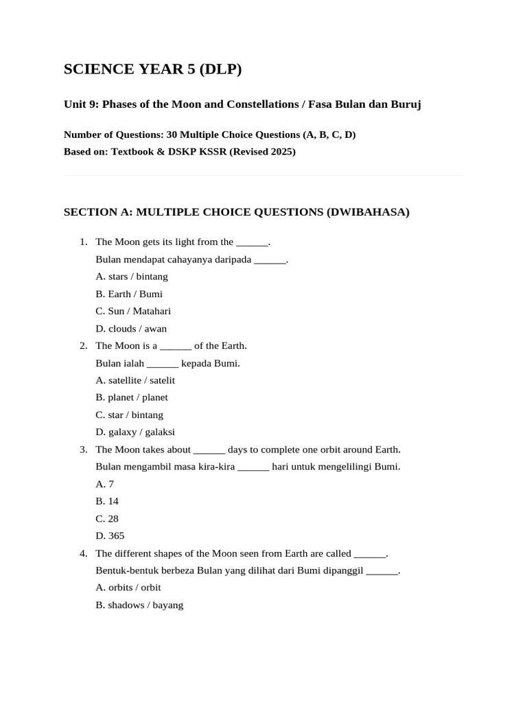 Year 5 Moon Phases Quiz | PDF | Moon | Constellation