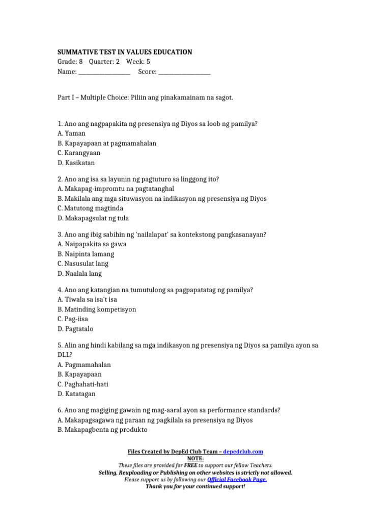 Summ - Test Values - Education 8 q2 w5 - Corrected | PDF