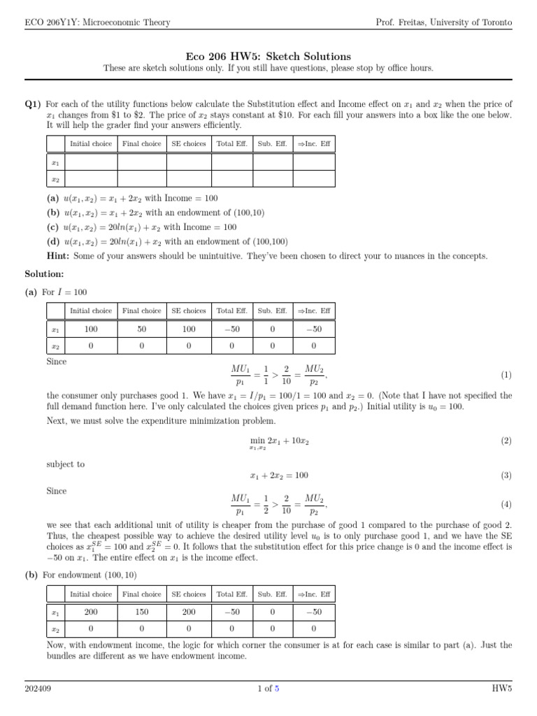 ECO206 Fall 2024 Sketch Solutions HW5 | PDF | Utility | Consumer Behaviour