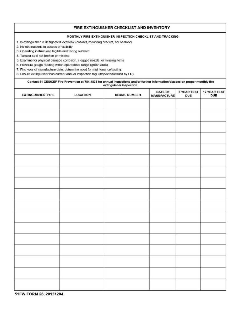 Forhtml 51 FW Form 26 Fire Extinguisher Checklist and Inventory | PDF