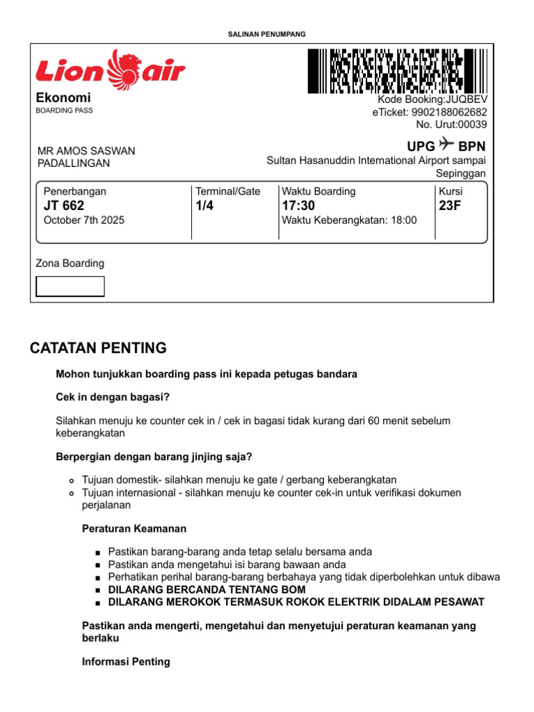 Boarding Pass JT 662 untuk MR AMOS | PDF