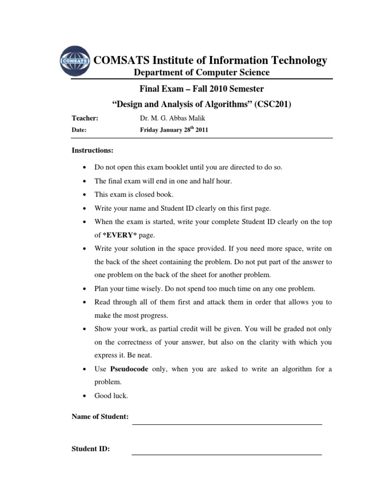 Final Exam - Design and Analysis of Algorithms - Fall 2010 Semester - Sol | PDF | Vertex (Graph ...