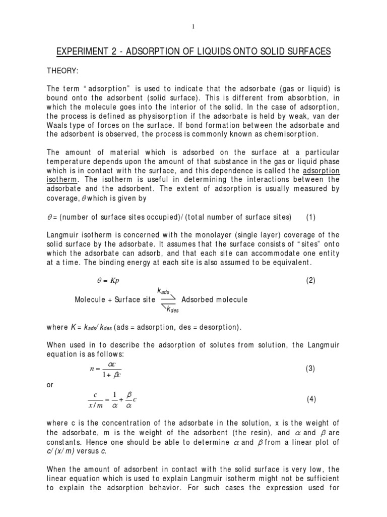 Experiment 2 - Adsorption of Liquids Onto Solid Surfaces: Theory | PDF ...