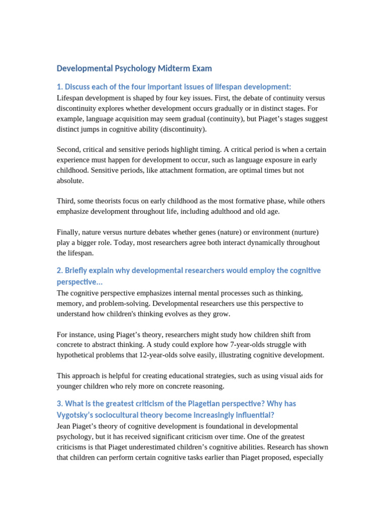 Developmental Psychology Exam Insights | PDF | Intelligence | Cognitive ...