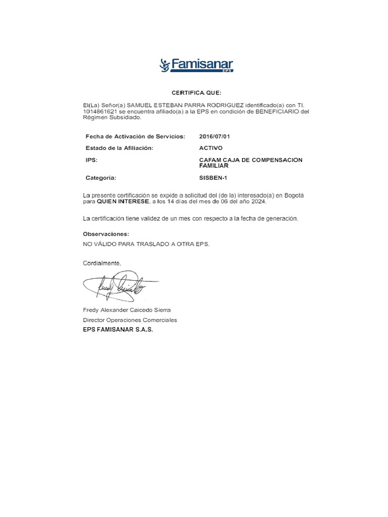 Certificado EPS - Samuel | PDF