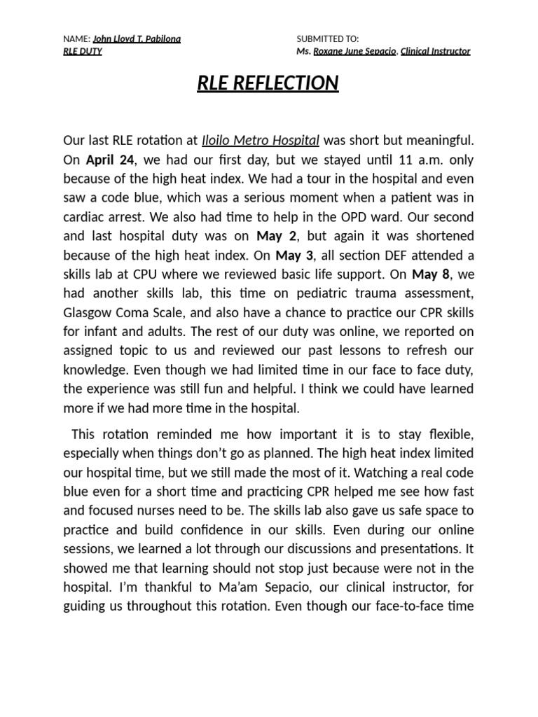 Pabilona, John Lloyd T. BSN 2E 4th Rotation (Reflection) | PDF