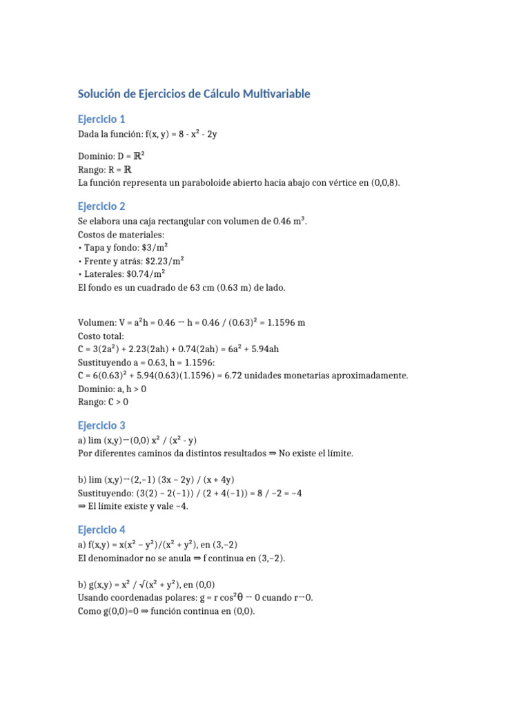 Solución Ejercicios Calculo Multivariable | PDF