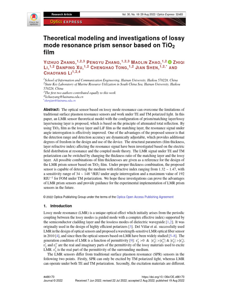 TiO2-Based LMR Prism Sensor Model | PDF | Surface Plasmon Resonance ...