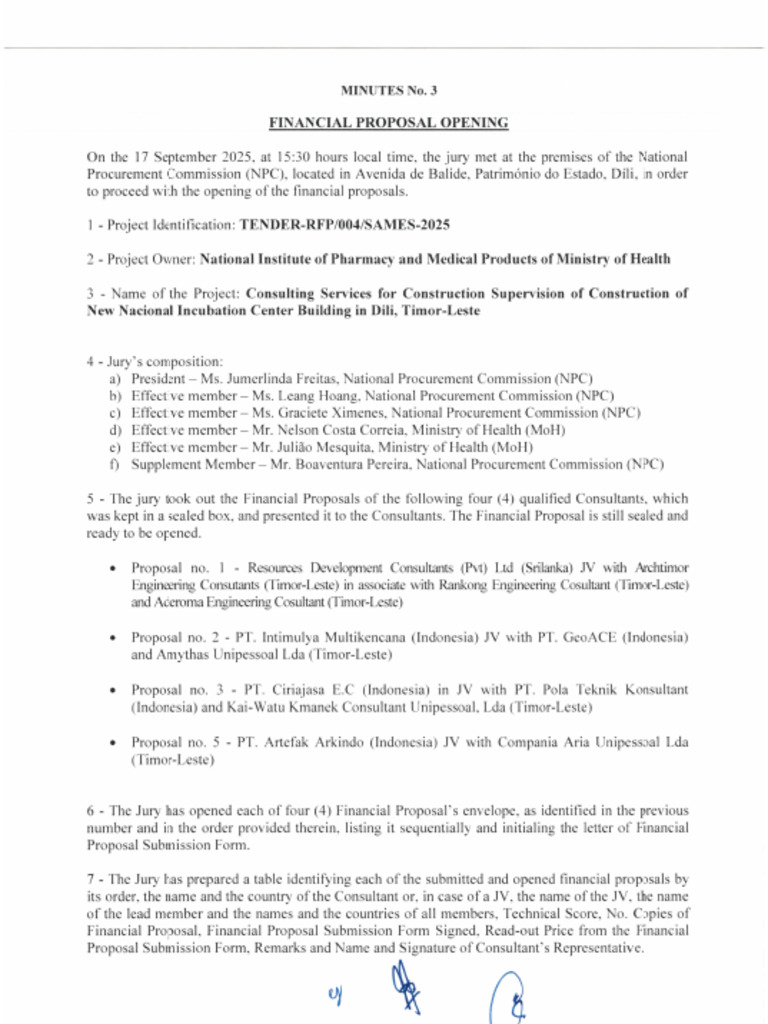 Minute of Price Bid Opening TENDER-RFP-004-SAMES-2025 | PDF