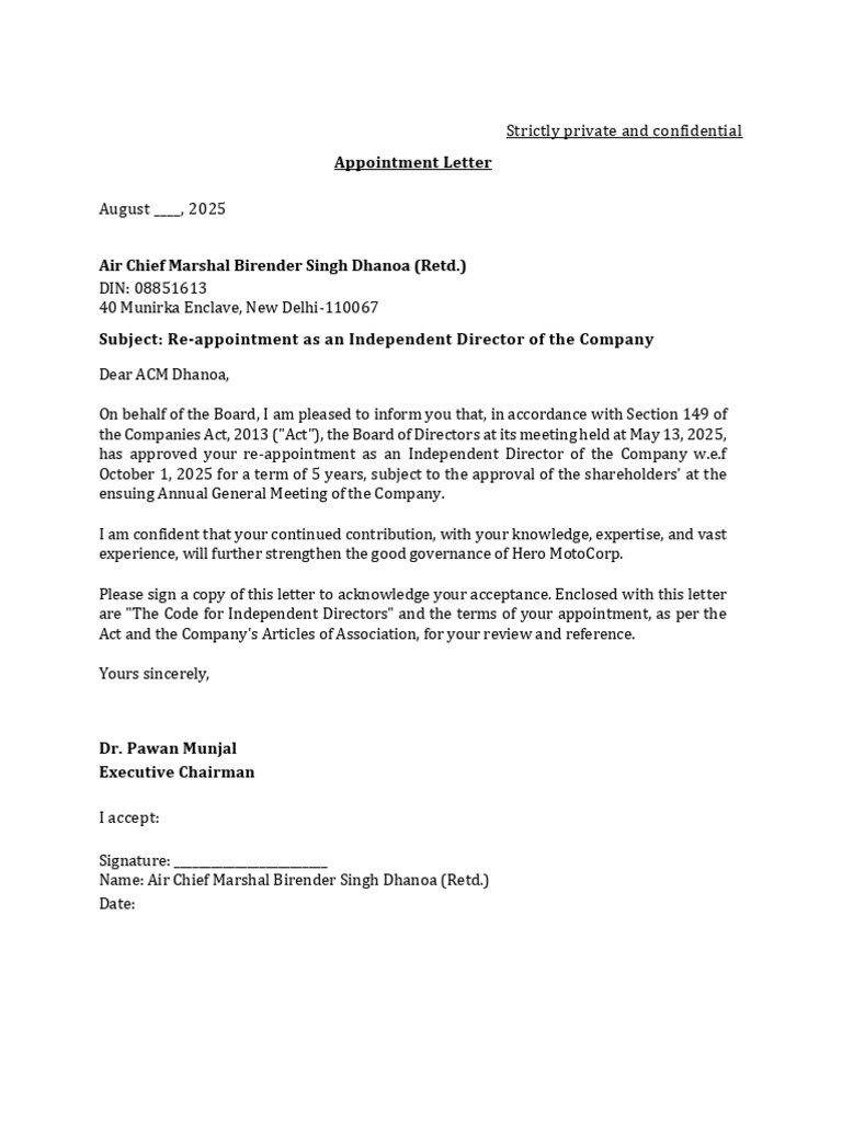 Draft Appointment Letters | PDF | Indemnity | Board Of Directors
