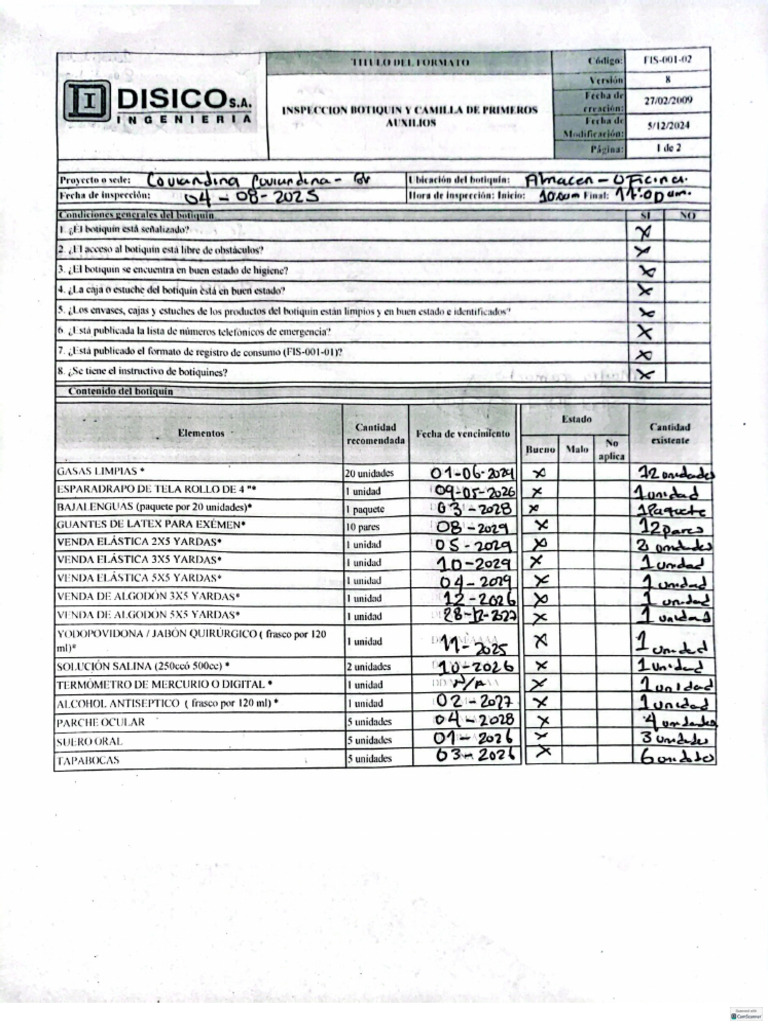 04-08-2025 Inspec Botiquín y Camilla-Ofi | PDF