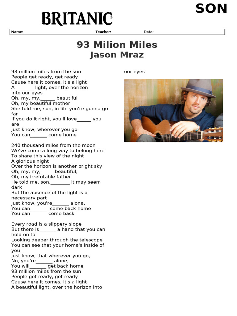 Jason Mraz's "93 Million Miles" Lyrics | PDF