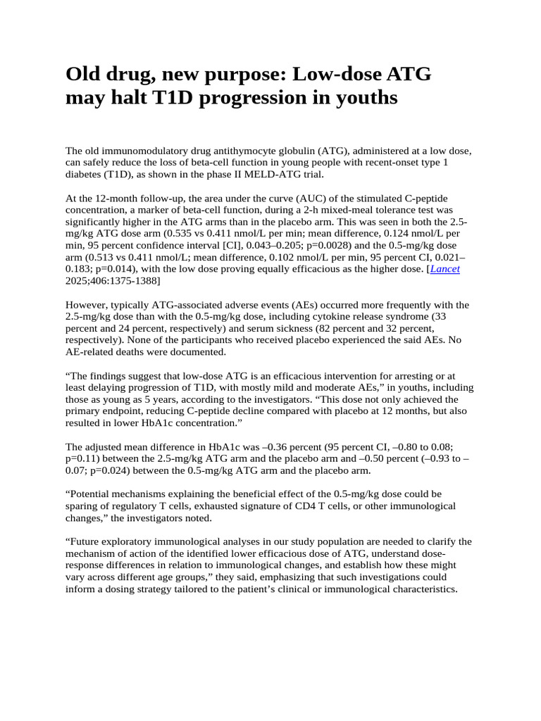 Low-Dose ATG May Halt T1D Progression in Youths | PDF | Dose ...