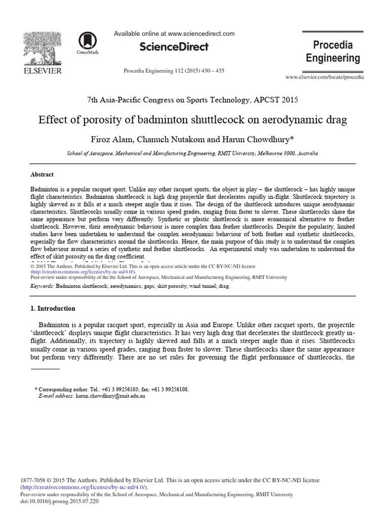 Effect of Porosity of Badminton Shuttlecock On Aerodynamic Drag (2015 ...