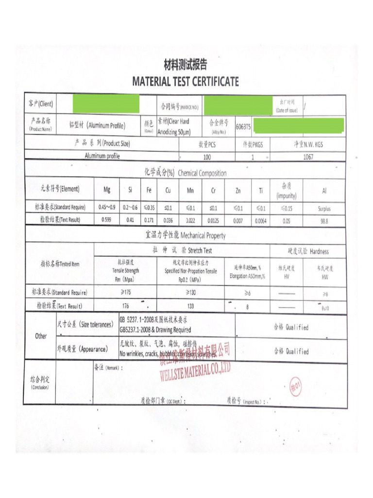 Wellste 6063 Material Test Certificate | PDF