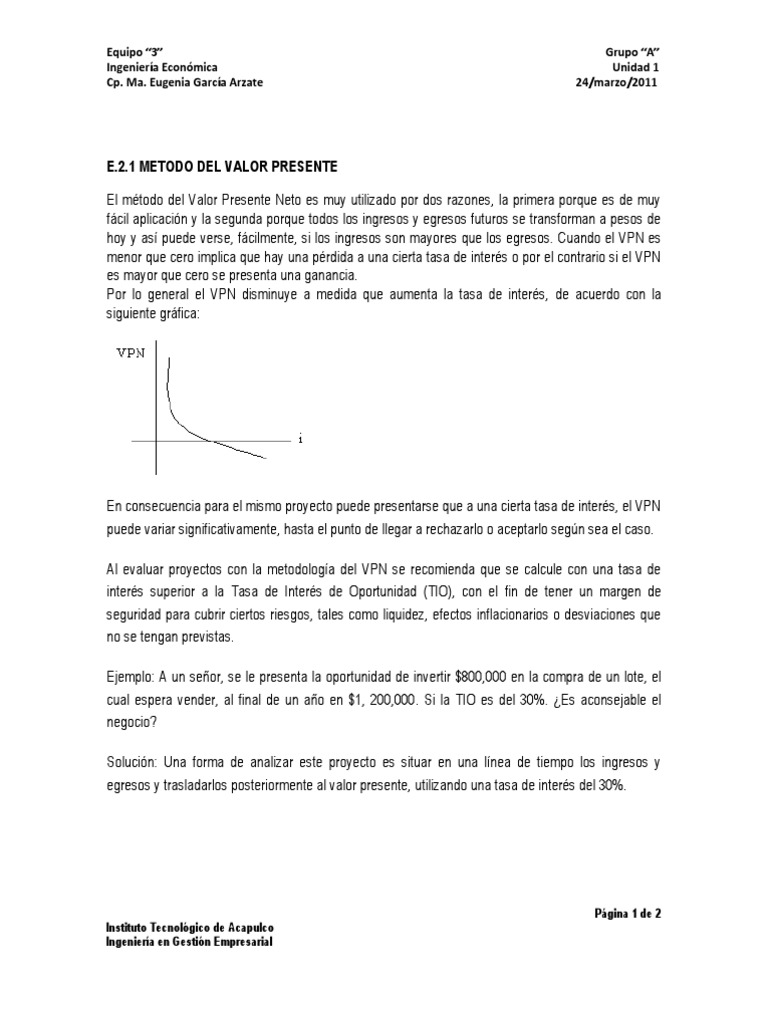 Metodo Del Valor Presente Unidad I Ingenieria Economica | Descargar gratis PDF | Tasas de ...