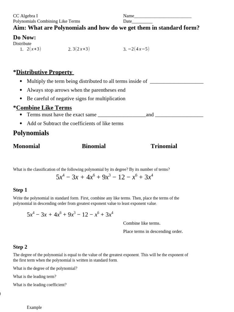 18-Distribution Combine Like Terms | PDF | Polynomial | Algebra