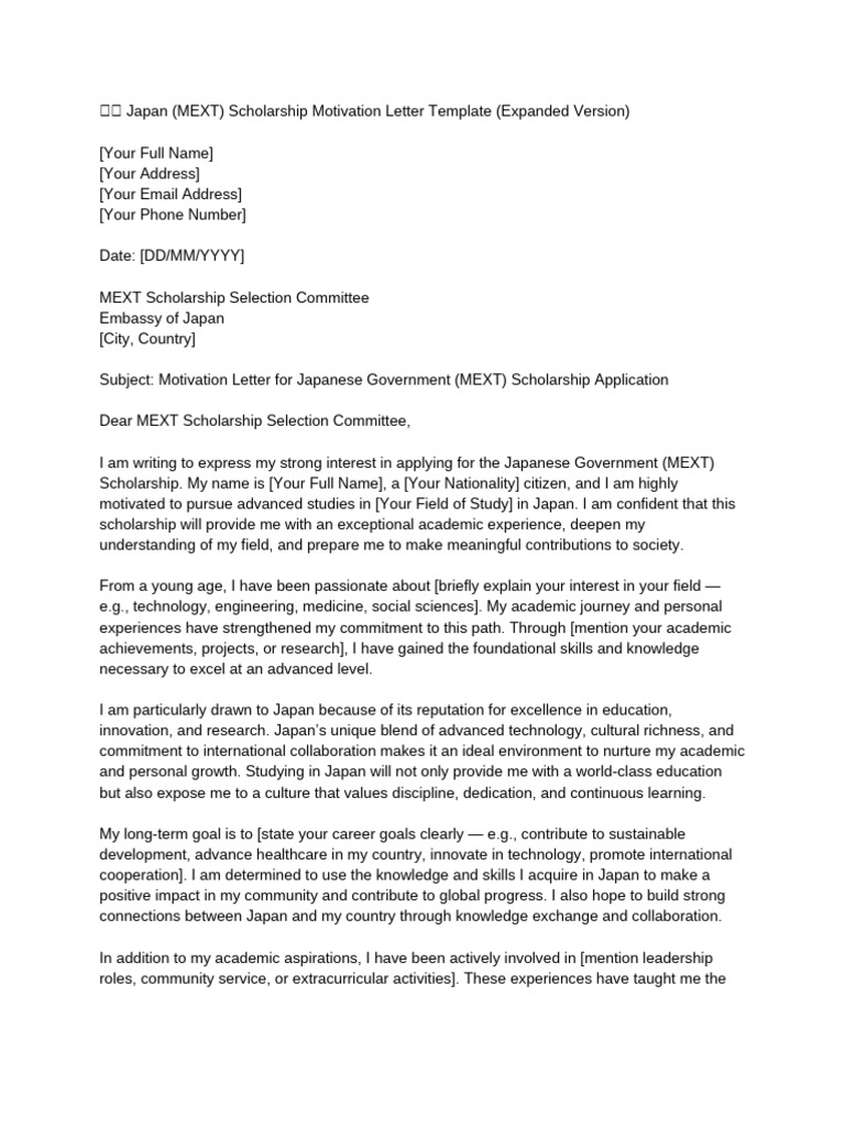 MEXT Scholarship Motivation Letter Template | PDF | Motivation ...