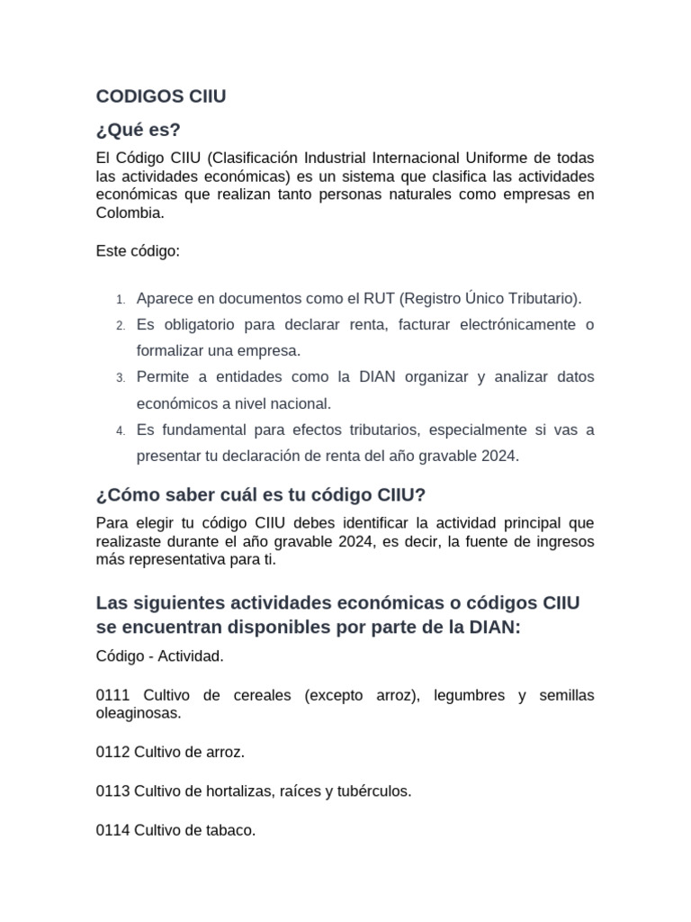Codigos Ciiu Tributarios | PDF | Seguro | Agricultura