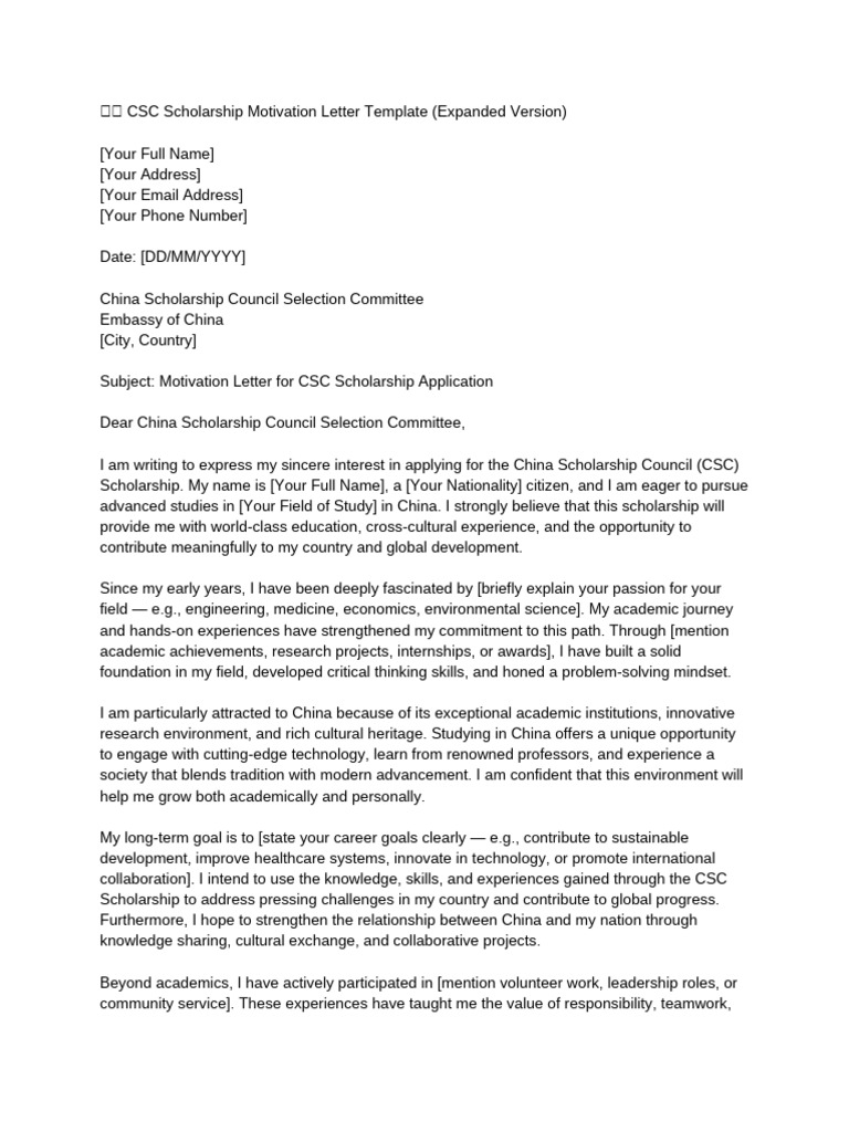CSC Scholarship Motivation Letter Template | PDF | Leadership | Social ...