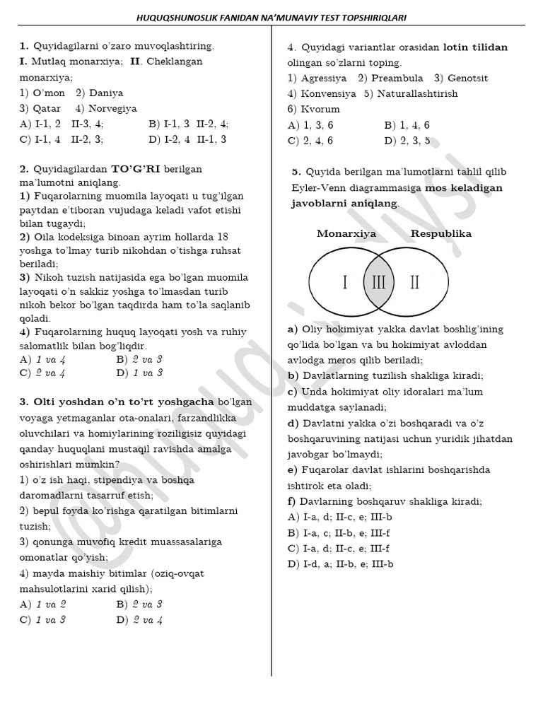 8 Sinf Davlat Va Huquq Asoslari Umumiy Test 2024 @huquq Vodiysi30 | PDF