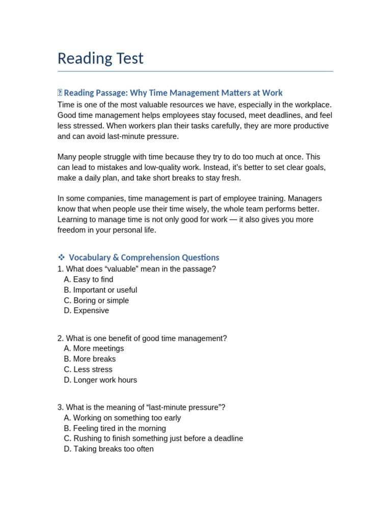Importance of Time Management at Work | PDF | Reading Comprehension ...