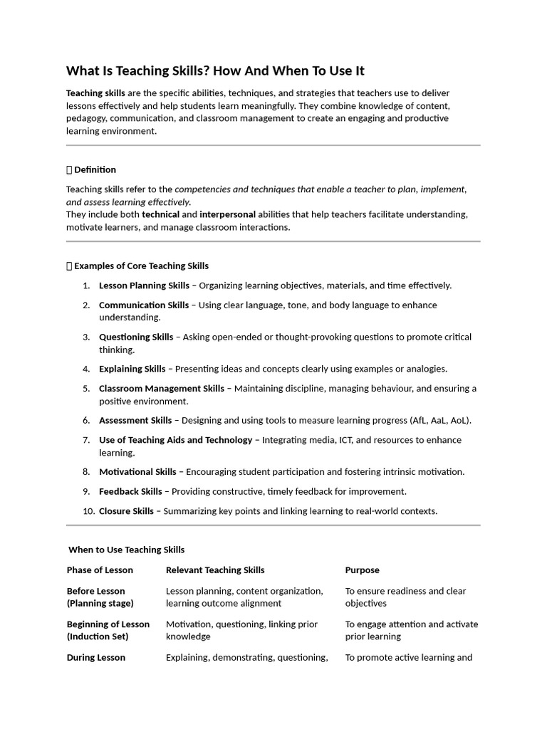 Understanding Teaching Skills Essentials | PDF | Learning | Teachers