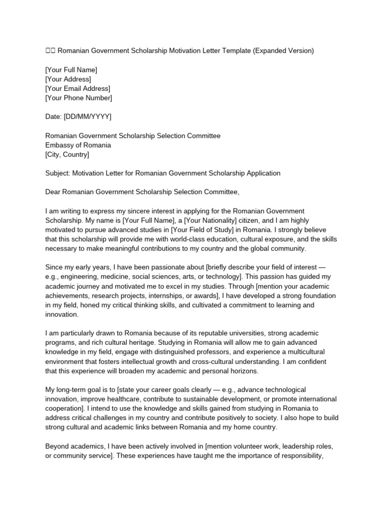 Romanian Scholarship Motivation Letter Template | PDF | Motivation ...