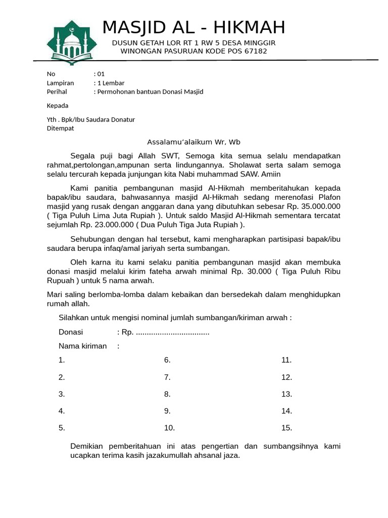 Surat Donasi Masjid Al-Hikmah | PDF