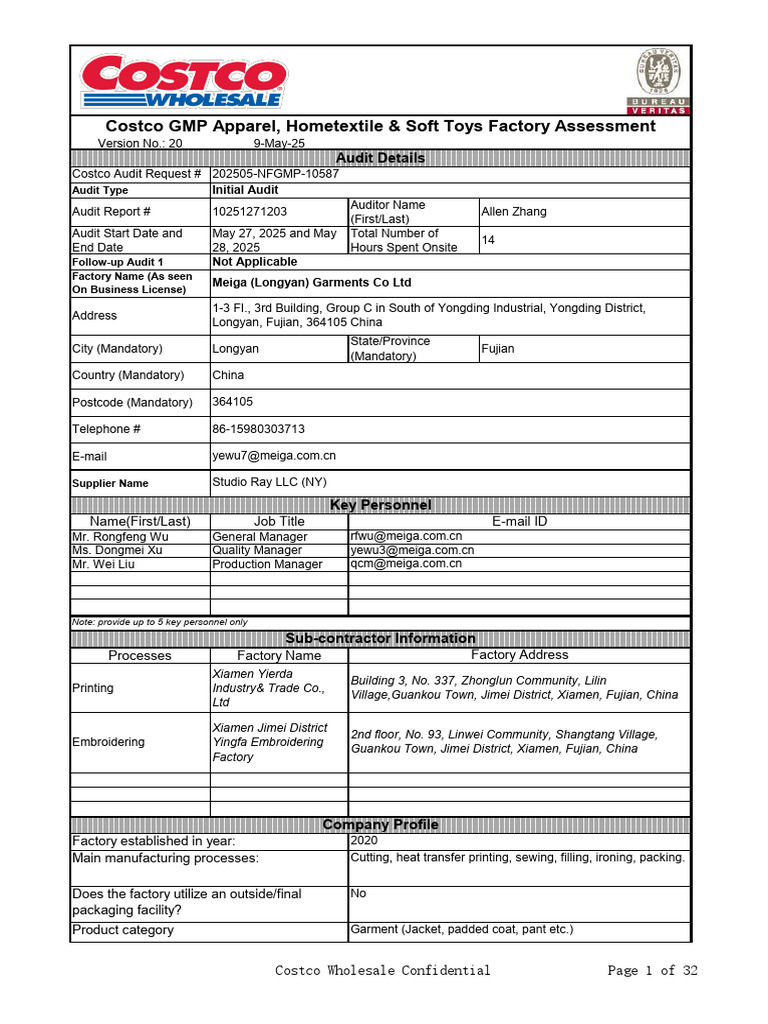 Costco Audit Report for Apparel Factory | PDF