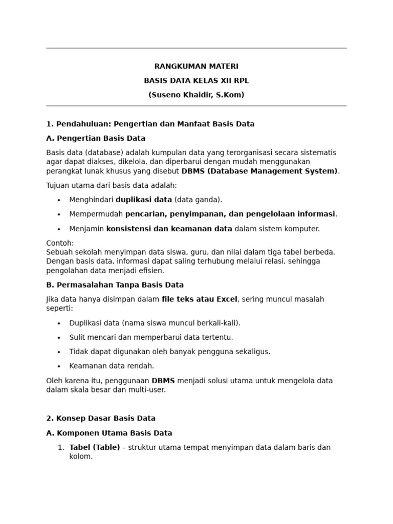 Rangkuman Materi Basis Data Kelas XII RPL | PDF