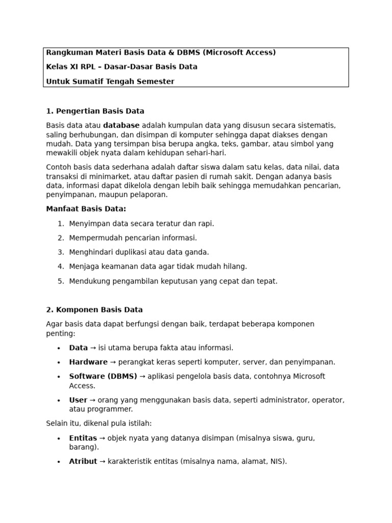 Rangkuman Materi Basis Data Kelas XI | PDF