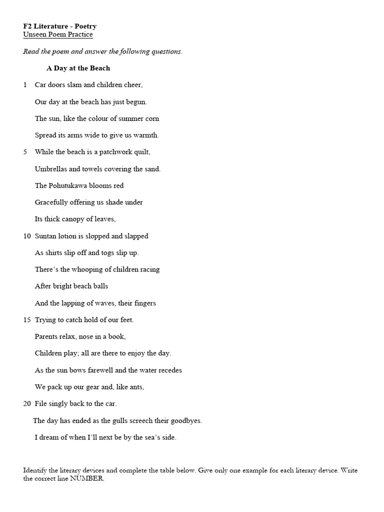 Unseen Poem Analysis: A Day at the Beach | PDF