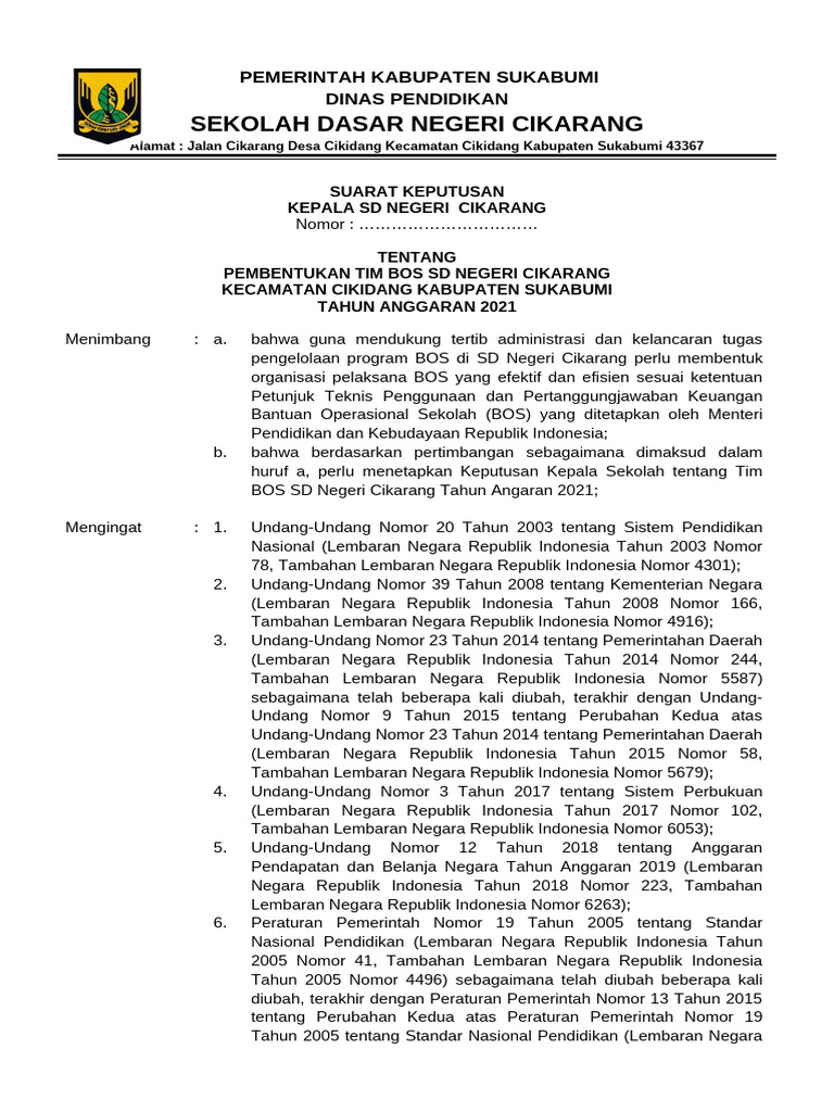 Pembentukan Tim BOS SD Cikarang 2021 | PDF
