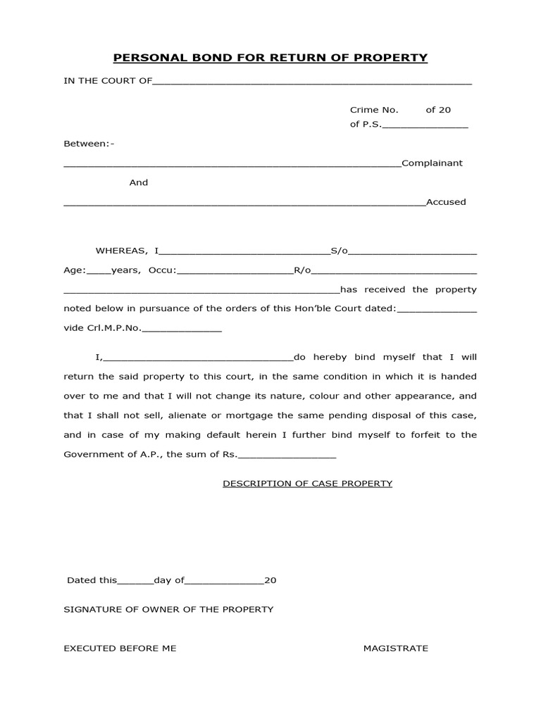 Personal BondReceipt Before Magistrate For Return of Property | PDF