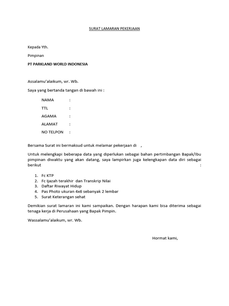 Lamaran Kerja PT Parkland Indonesia | PDF