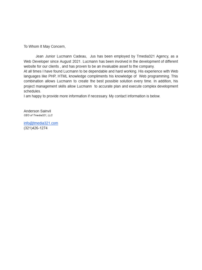 Web Developer Recommendation Letter | PDF