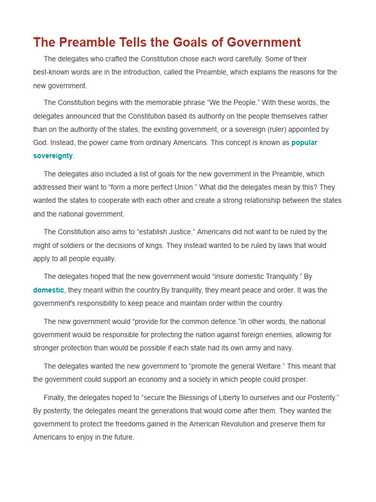 Section 1 - The Preamble Tells The Goals of Government | PDF