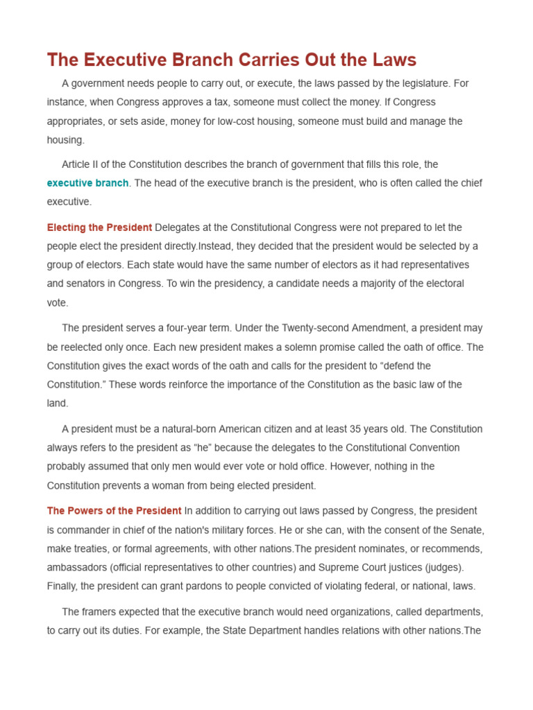 Section 3 - The Executive Branch Carries Out The Laws | PDF | Federal ...