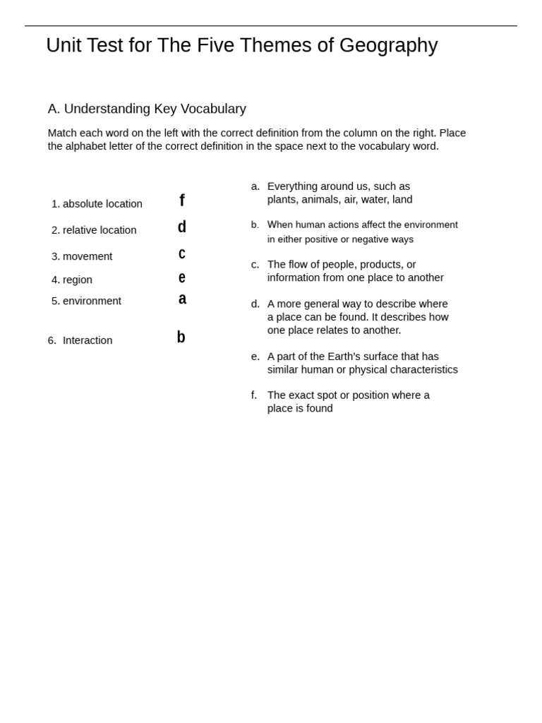 Unit Test For The Five Themes of Geography 1 | PDF | Natural ...