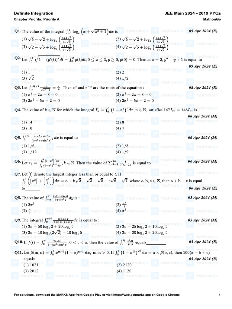 Definite Integration PYQ | PDF