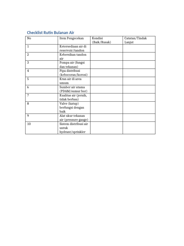 Checklist Rutin Bulanan Air | PDF