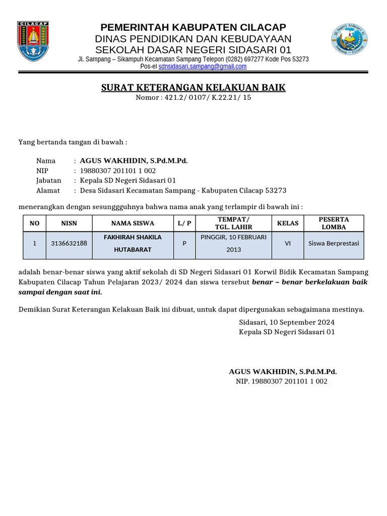 Surat Keterangan Kelakuan Baik_fakhirah Hutabarat | PDF